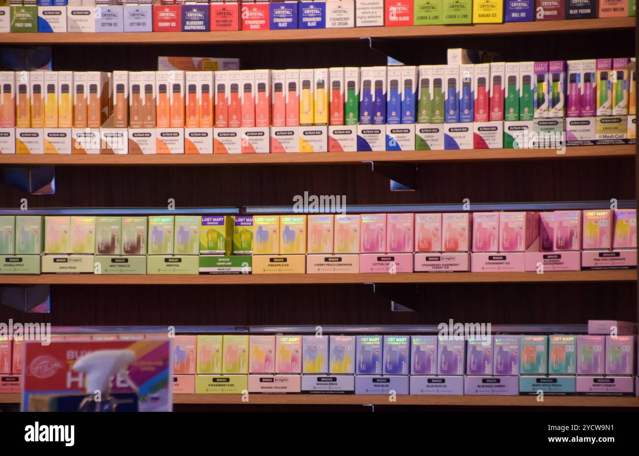 London, UK. 24th October 2024. Colourful vapes on display at a store in ...