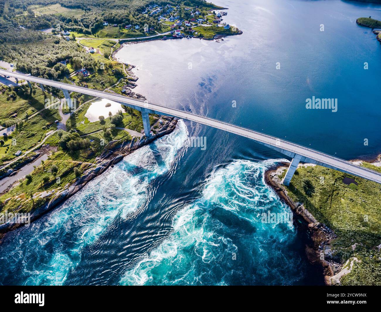 Whirlpools of the maelstrom of Saltstraumen, Nordland, Norway aerial ...