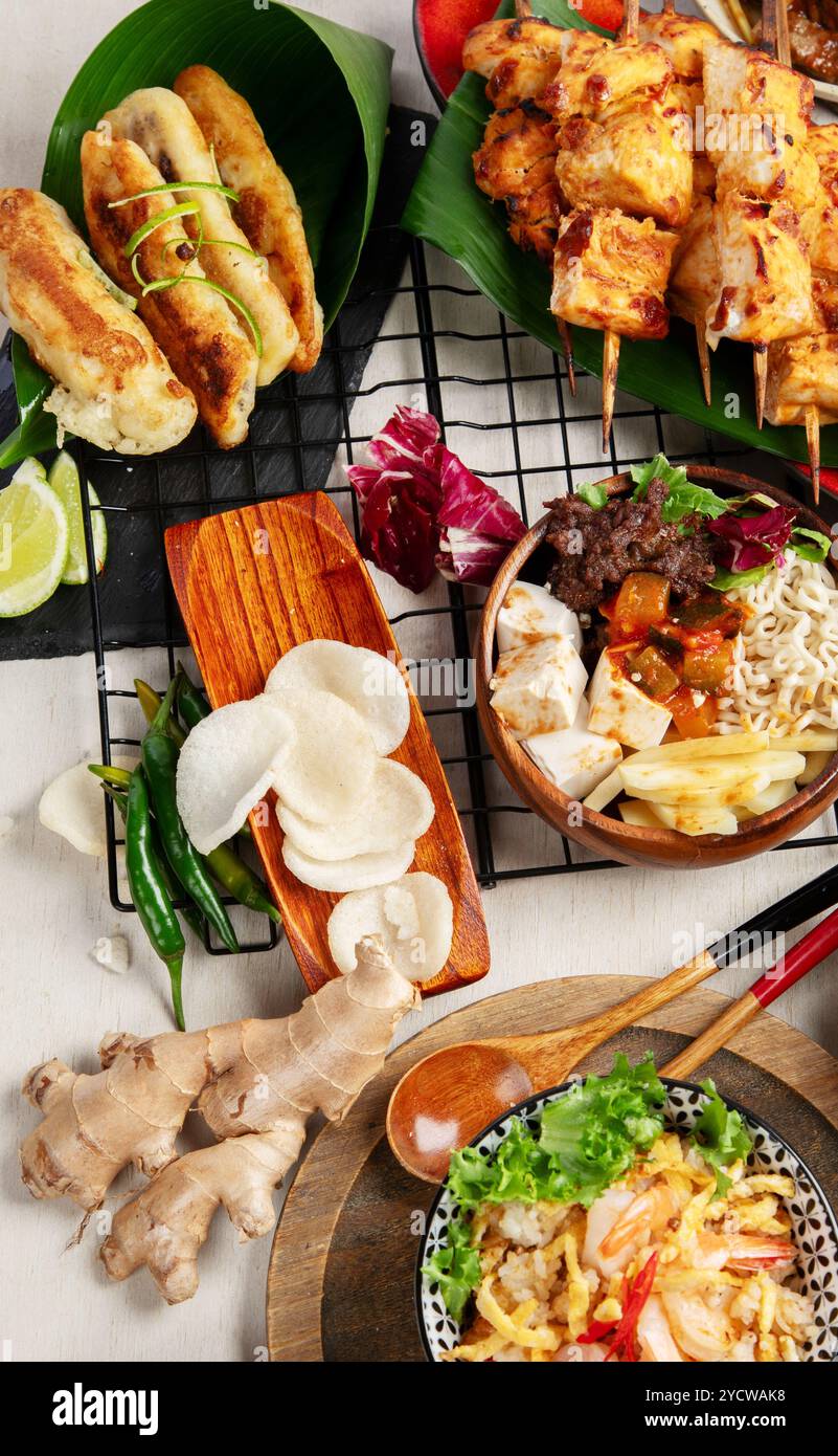 Assorted indonesian food set- nasi goreng, Rendang Pork, satay, bakso ...