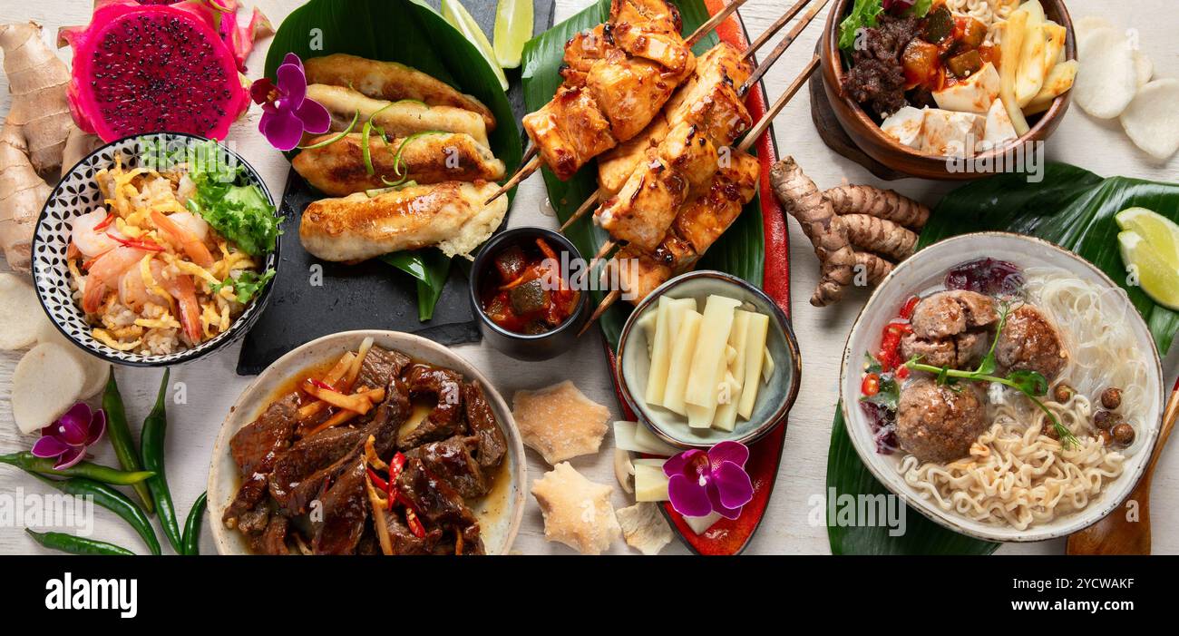 Assorted indonesian food set- nasi goreng, Rendang Pork, satay, bakso ...