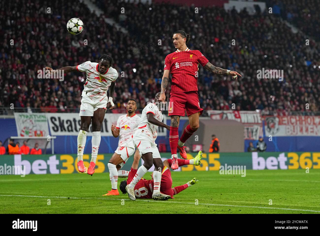 Leipzig, Germany. 23 October, 2024. Cody Gakpo of Liverpool heads during the Champions League ...