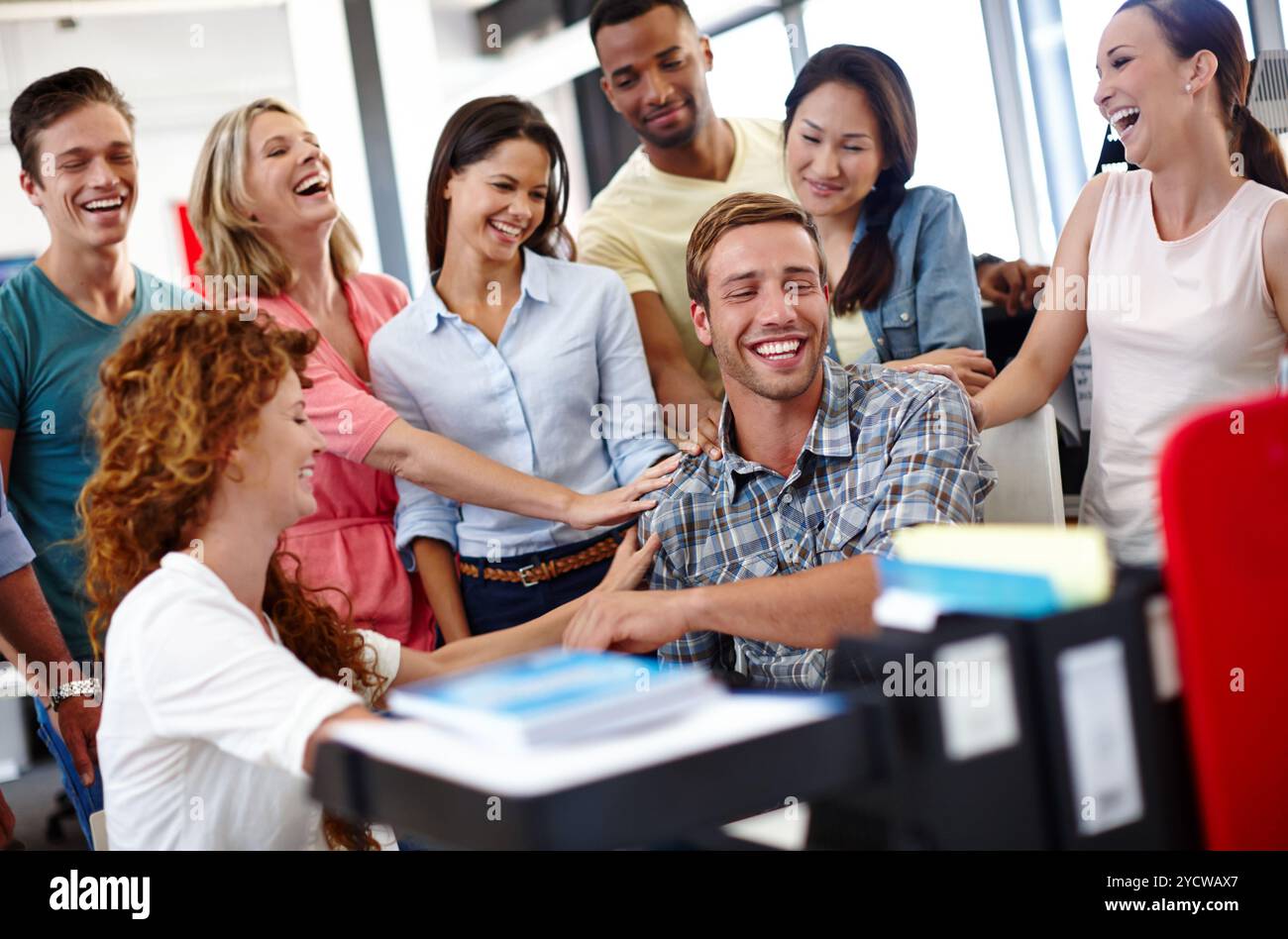 Man, group and celebration with smile in office for goals, success and ...