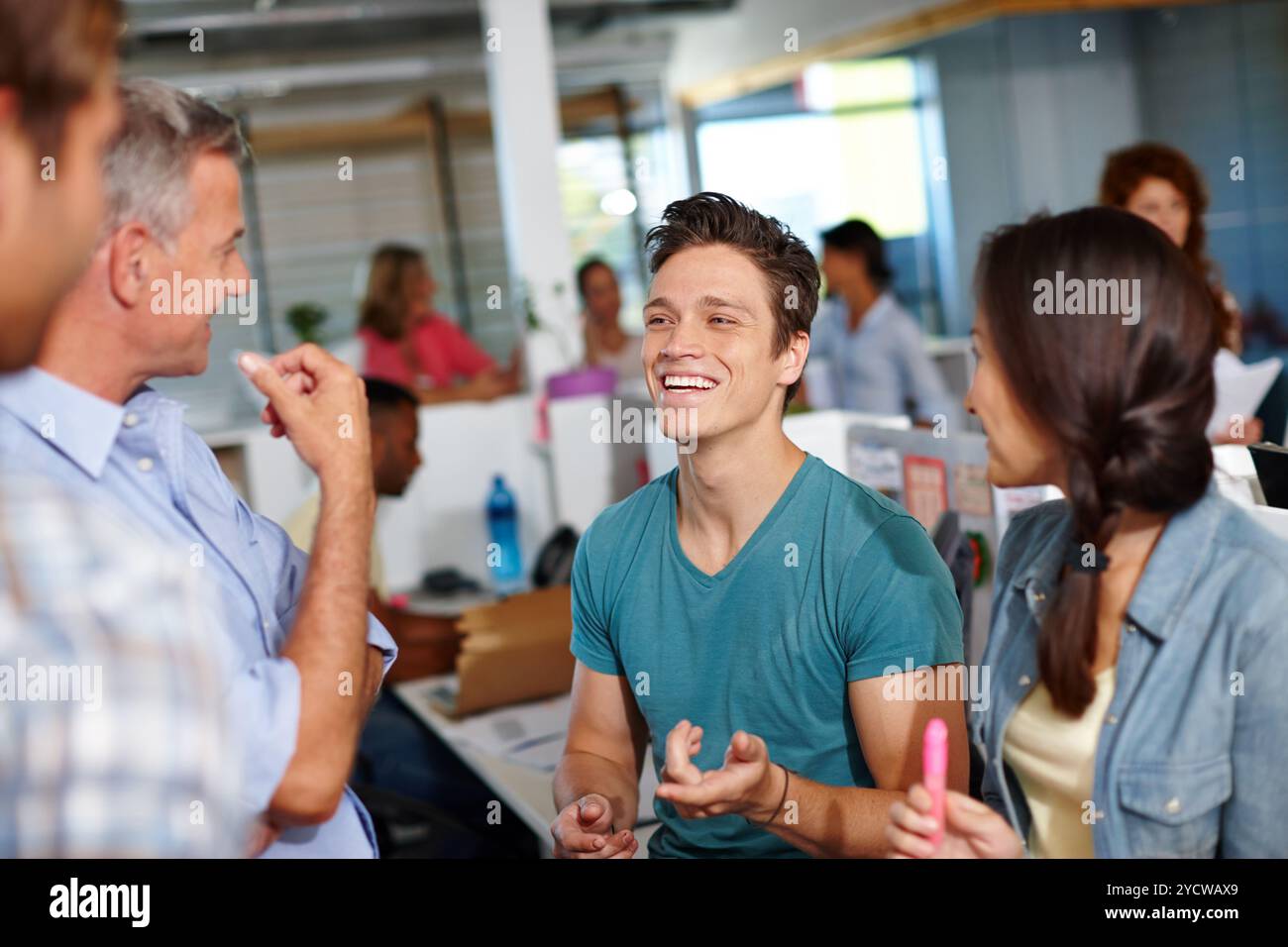 Employees, talking and office for ideas on project, brainstorming and ...