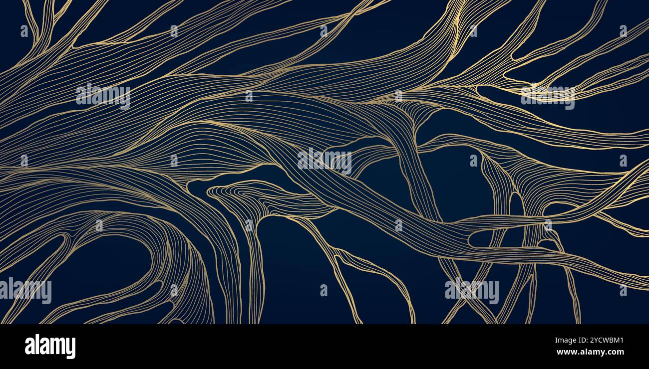 Vector gold line branches, tree line illustration. Nature background ...