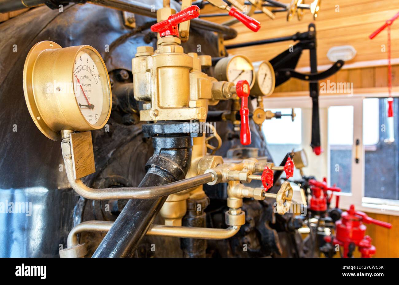 Retro steam locomotive boiler with engineering equipment Stock Photo ...