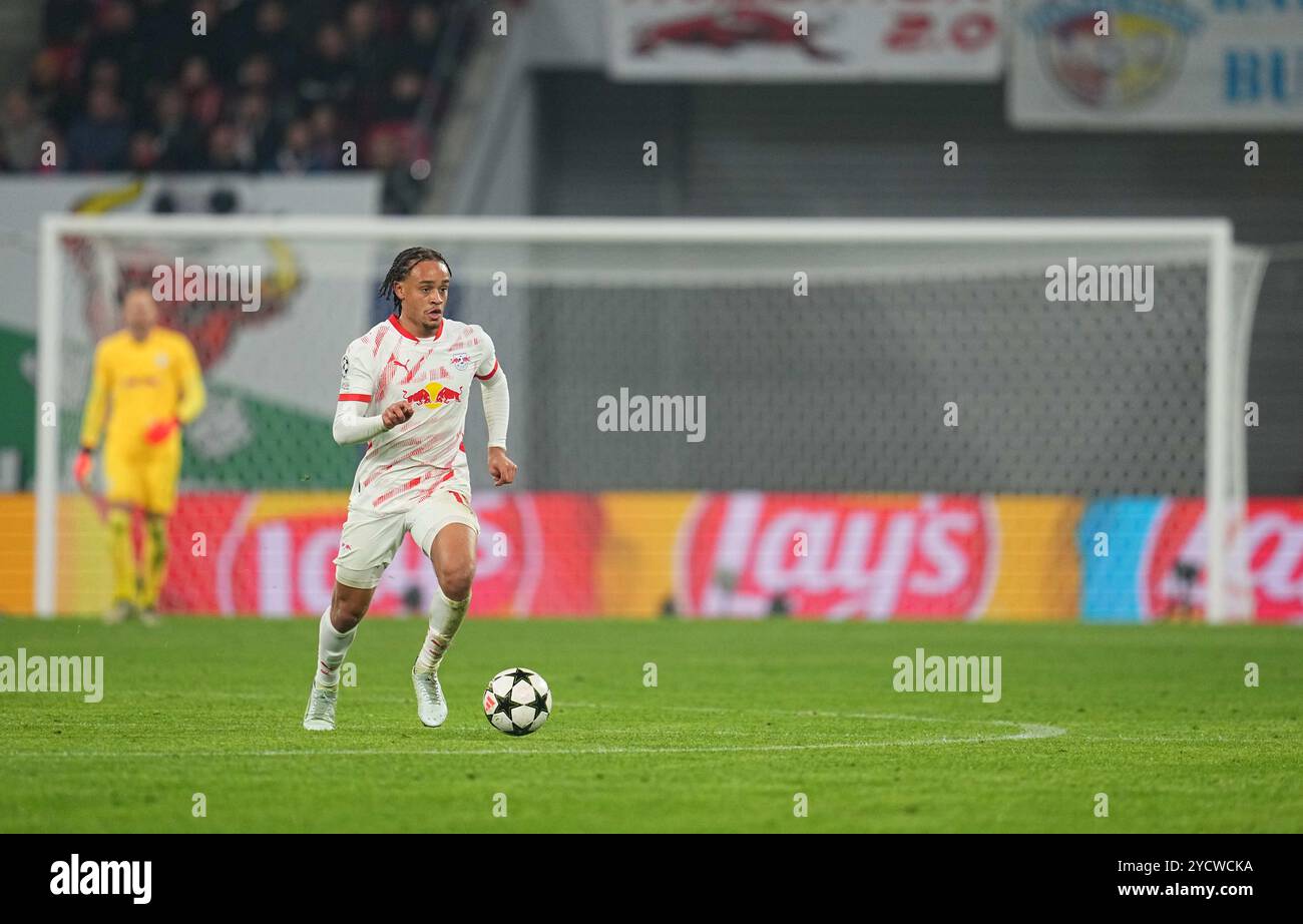 Leipzig, Germany. 23 October, 2024. Xavi Simons of Leipzig controls the ...