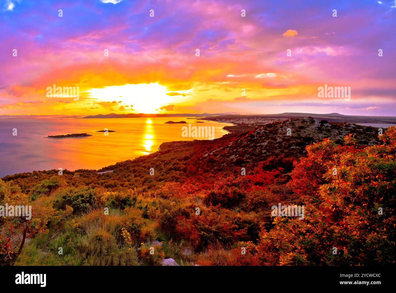 Amazing colorful sunset panorama of Pakostane archipelago Stock Photo ...