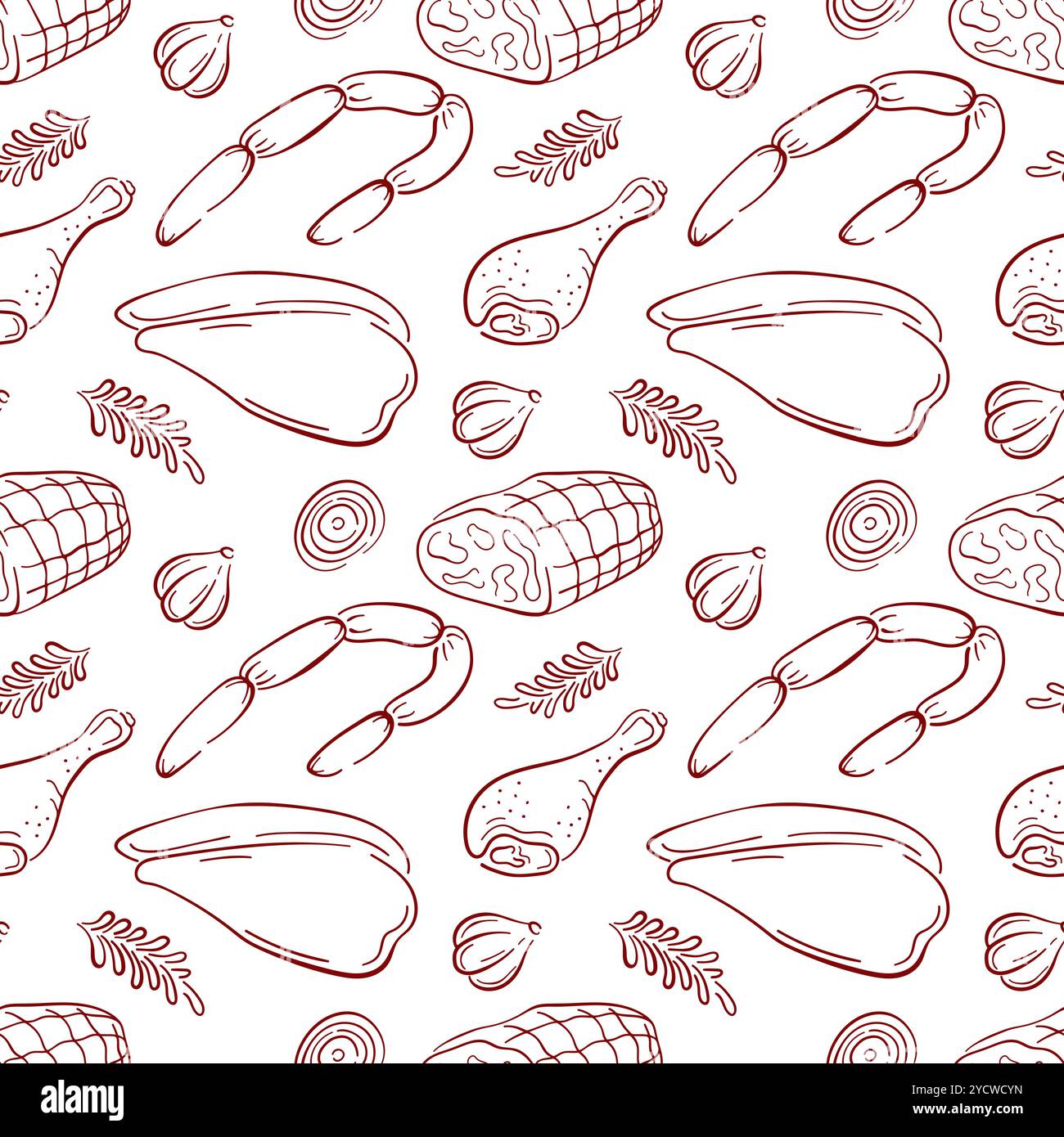 Seamless pattern of various meat cut, including chicken, sausage and ...