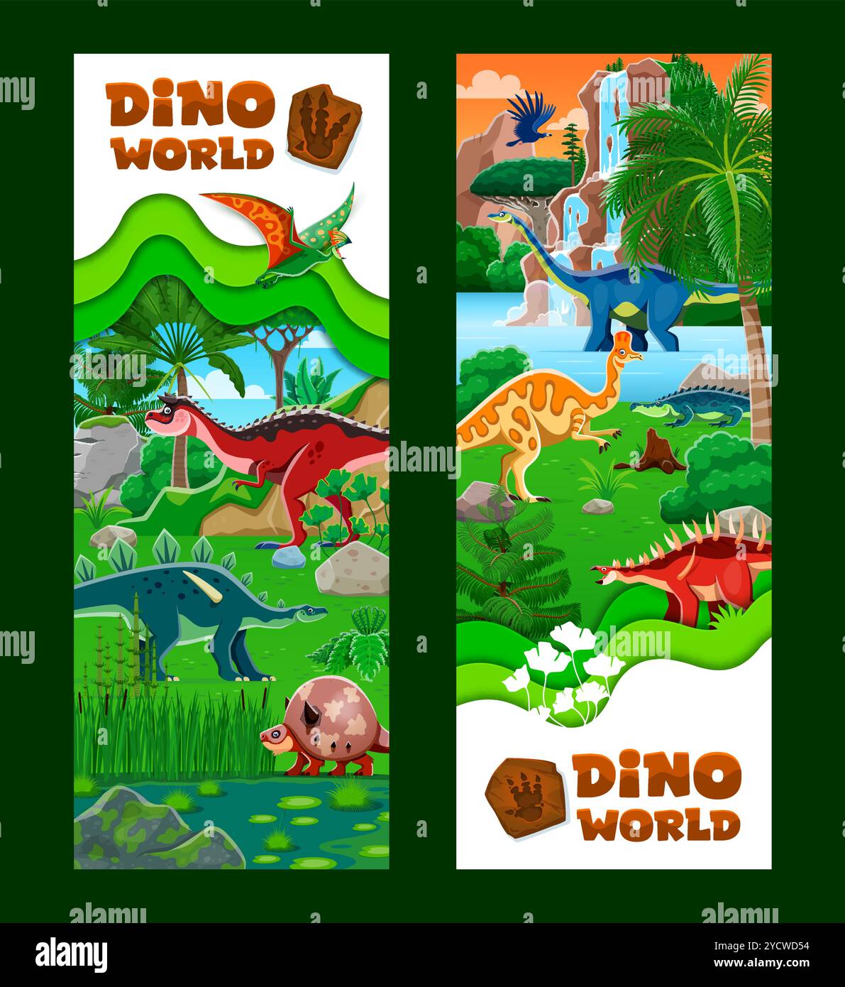 Paper cut dino world banners with prehistoric dinosaur characters at ...
