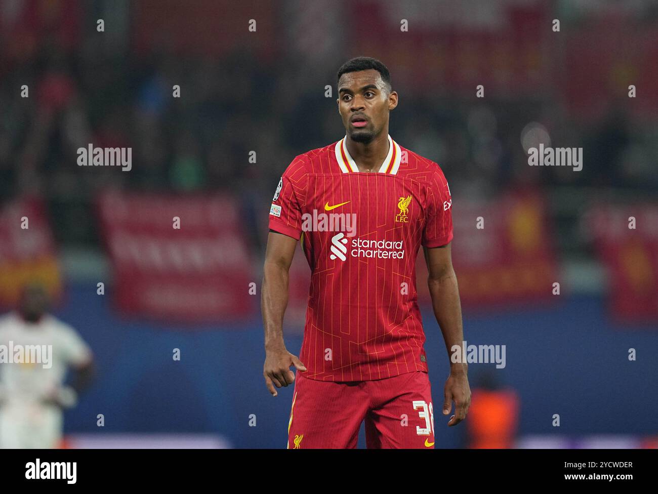 Leipzig, Germany. 23 October, 2024. Ryan Gravenberch of Liverpool looks ...