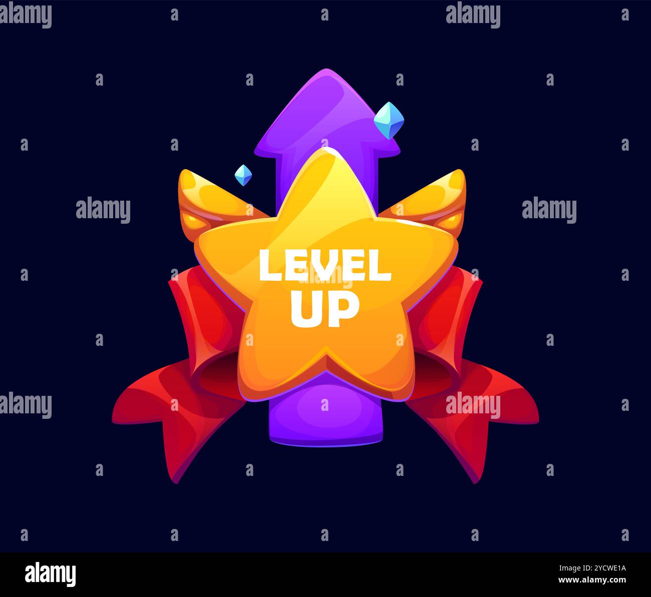 Level up game reward, rate icon featuring yellow star, purple arrow ...
