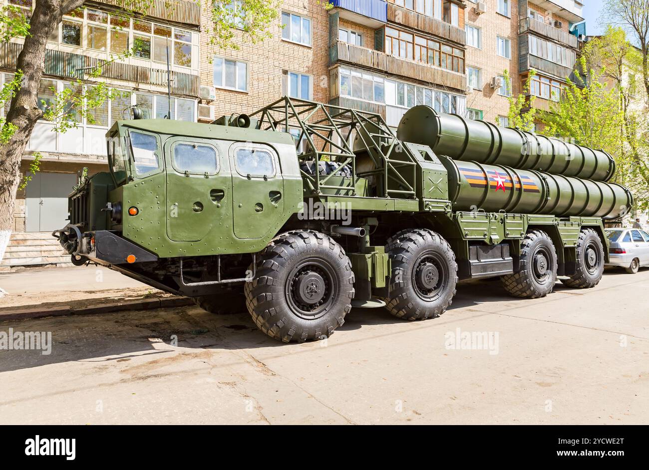 Russian anti-aircraft missile system (SAM) S-300 parked up on the city ...