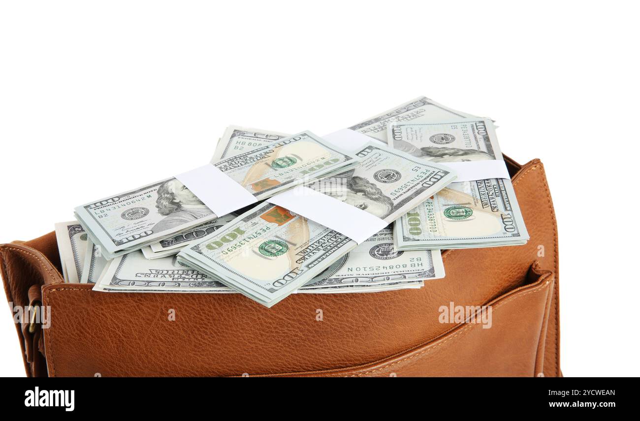 Dollar banknotes in leather bag isolated on white Stock Photo - Alamy