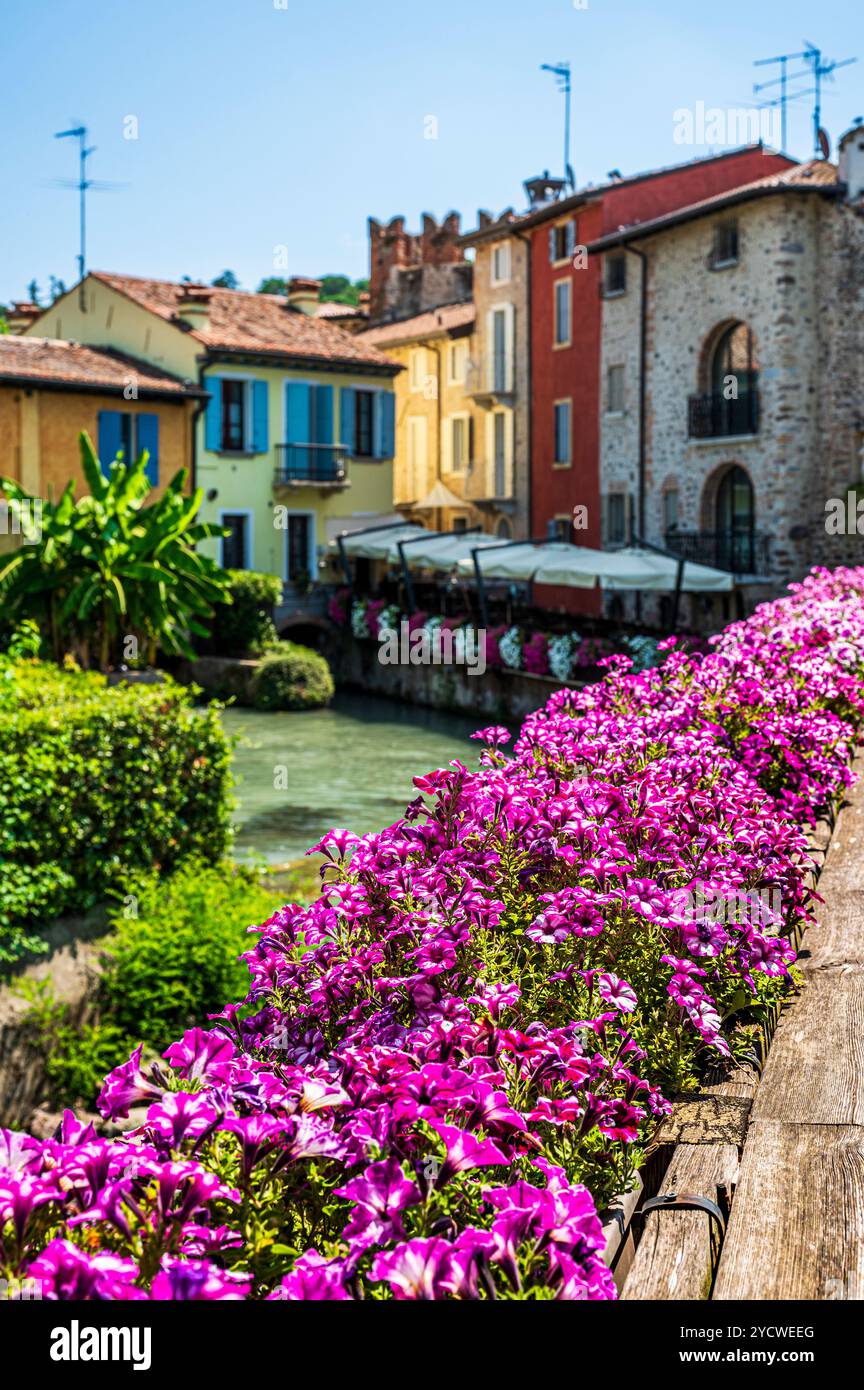 Summer on the Mincio river. Historic village of Borghetto sul Mincio ...