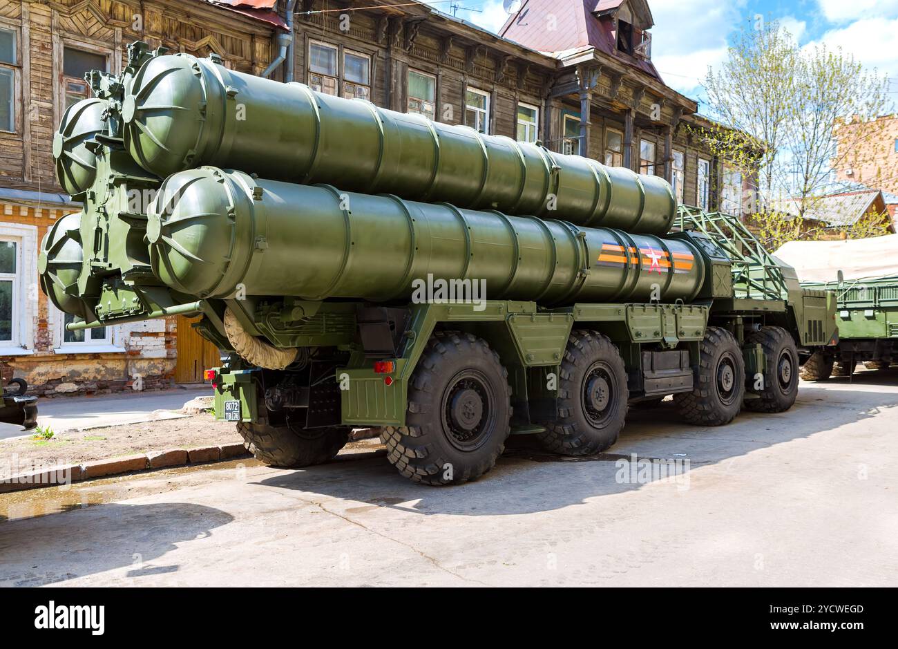 Russian anti-aircraft missile system (SAM) S-300 parked up on the city ...