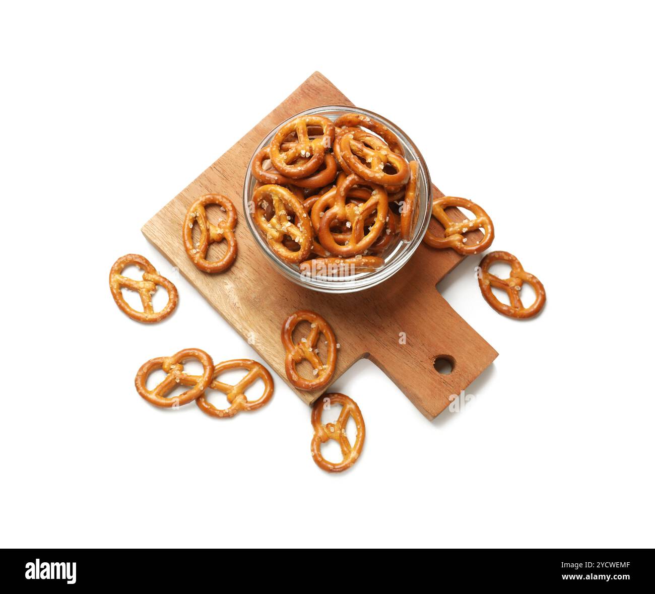 Delicious salty pretzel crackers on white table, top view Stock Photo ...