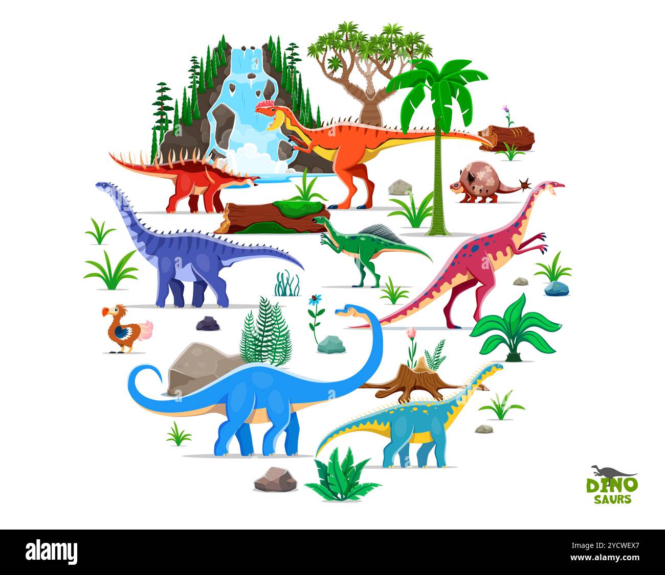 Prehistoric dinosaurs round shape with cartoon vector dino characters ...