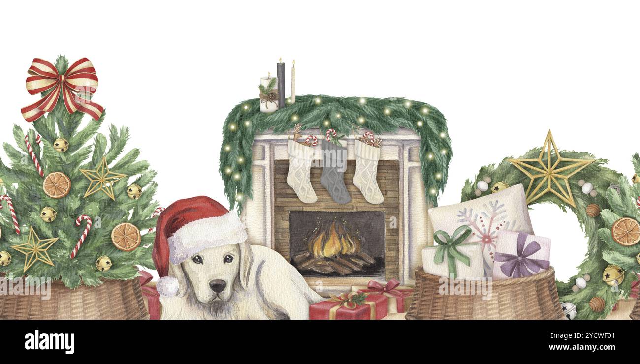 Seamless border bottom of Christmas scene with fireplace and Retriever ...
