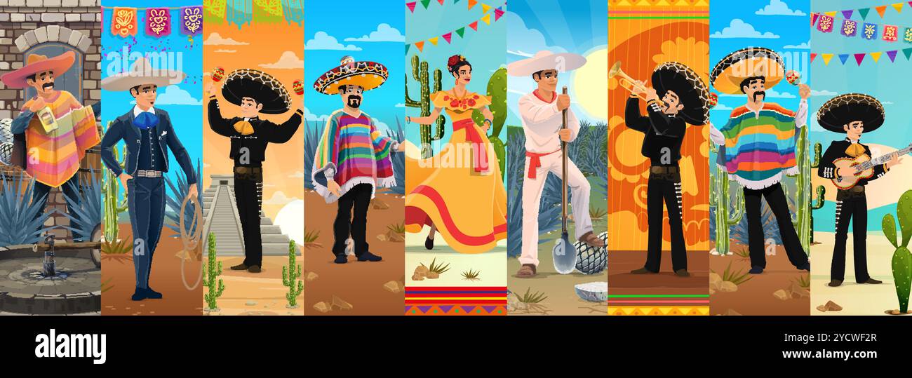 Cartoon Mexican characters collage features mariachi, charro and dancer ...