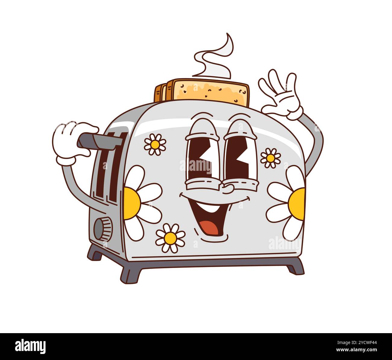 Cartoon groovy toaster character with smiling face, fried toast slices ...
