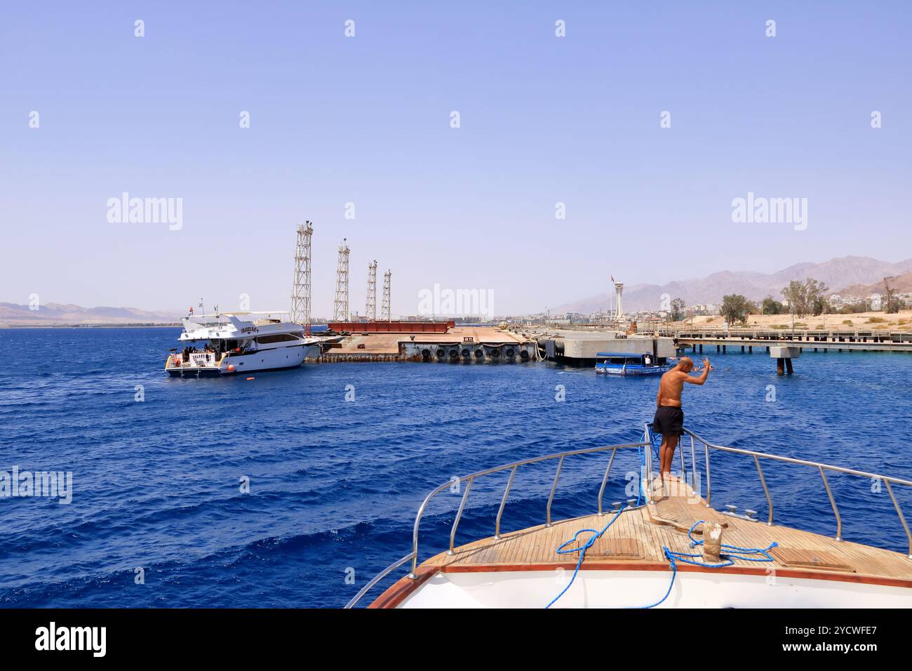 Aqaba in Jordan - May 17 2024: people enjoy a boat trip at the Gulf of ...