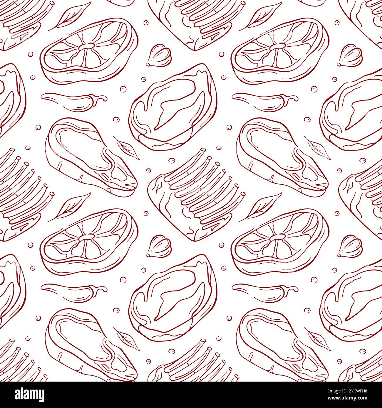 Seamless pattern with various meat cut, including steak, rib and chop ...