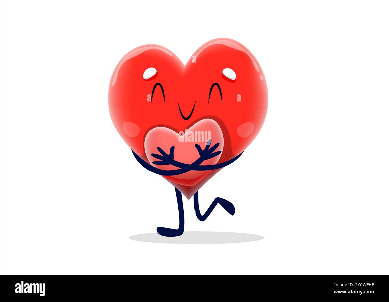 Cartoon cute heart character joyfully embraces another heart, radiating ...