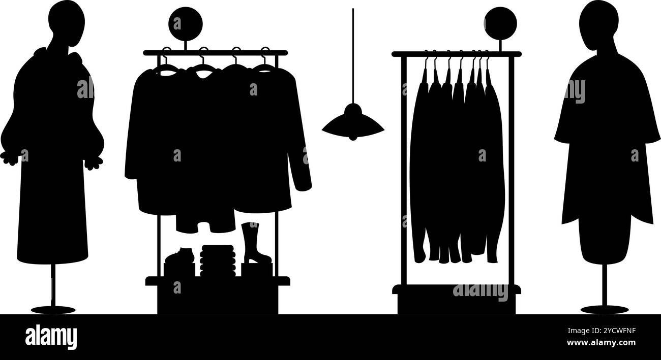 Shopping. Store Shop rack with clothes on hangers and mannequins in ...