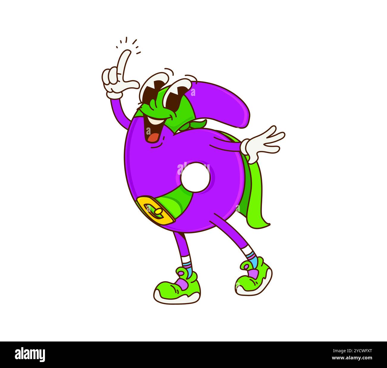 Cartoon groovy math number six superhero character. Isolated vector ...
