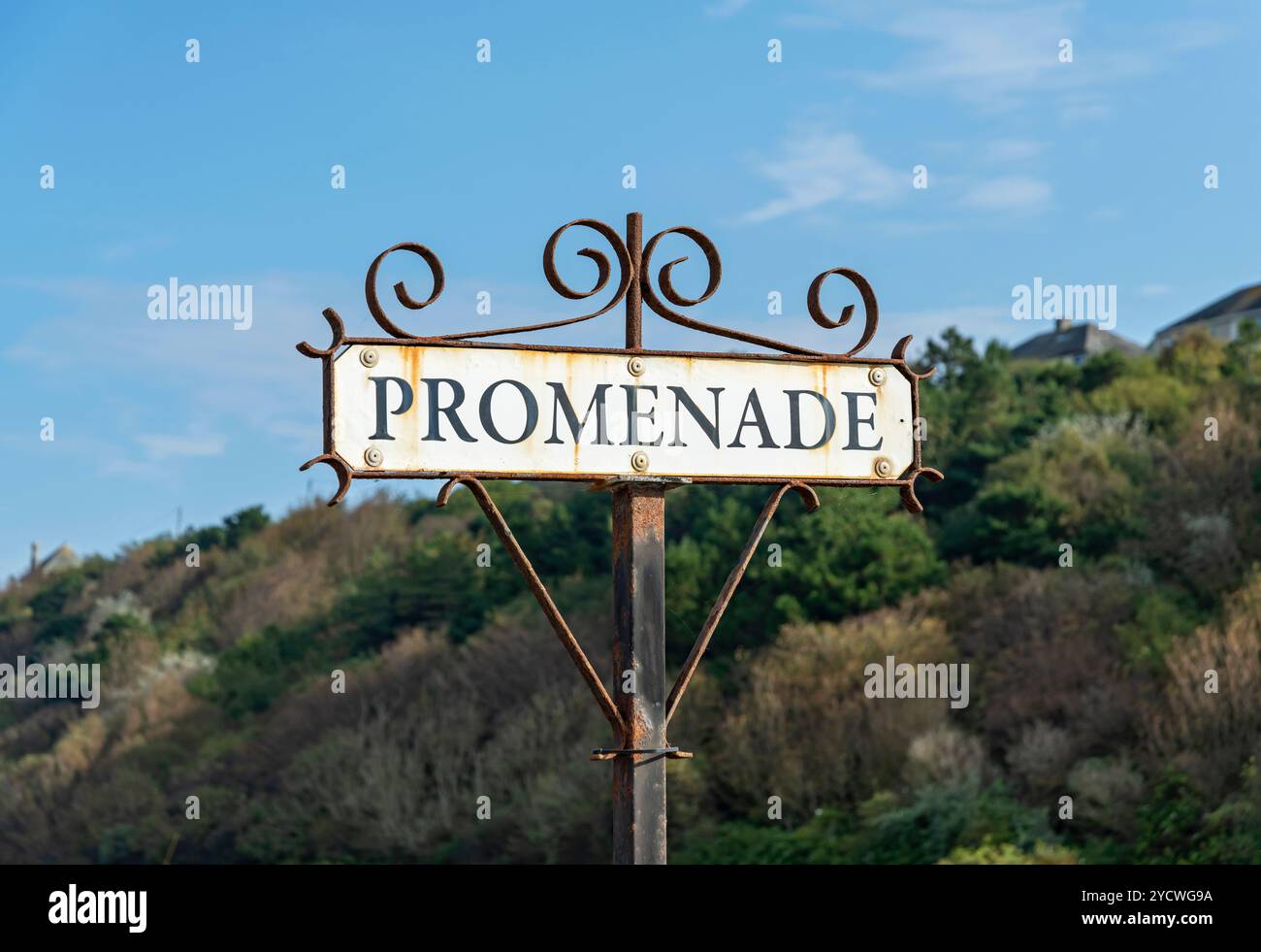 Close up of promenade sign and blue sky Maryport Cumbria England UK ...