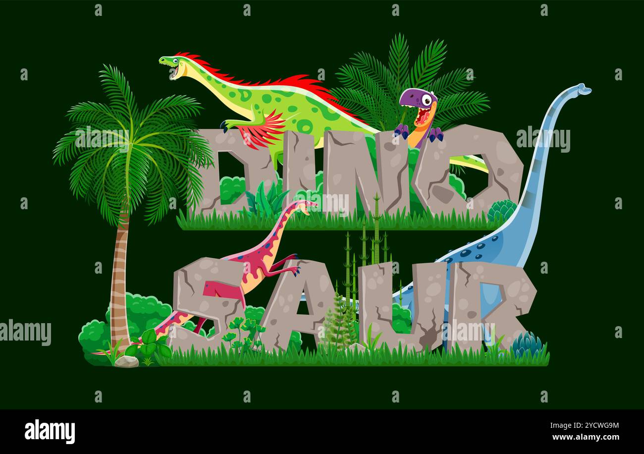 Prehistoric dinosaurs banner with Jurassic lizards in forest park ...