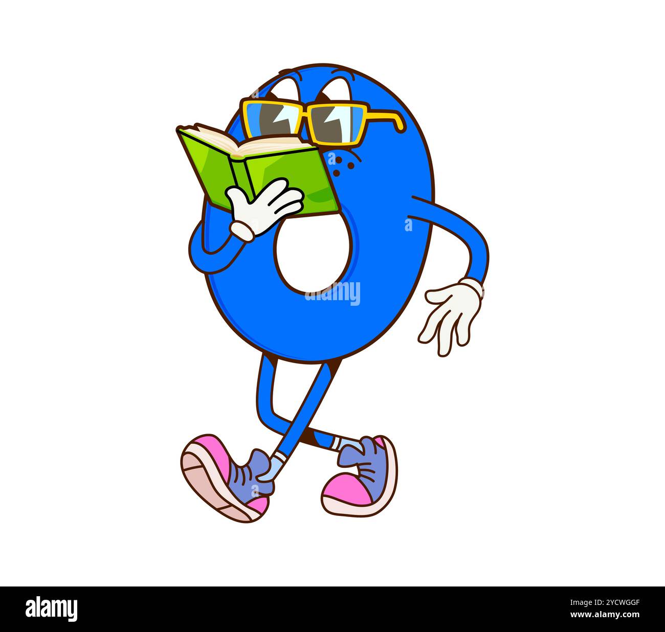 Cartoon math number zero groovy character reading textbook. Isolated ...