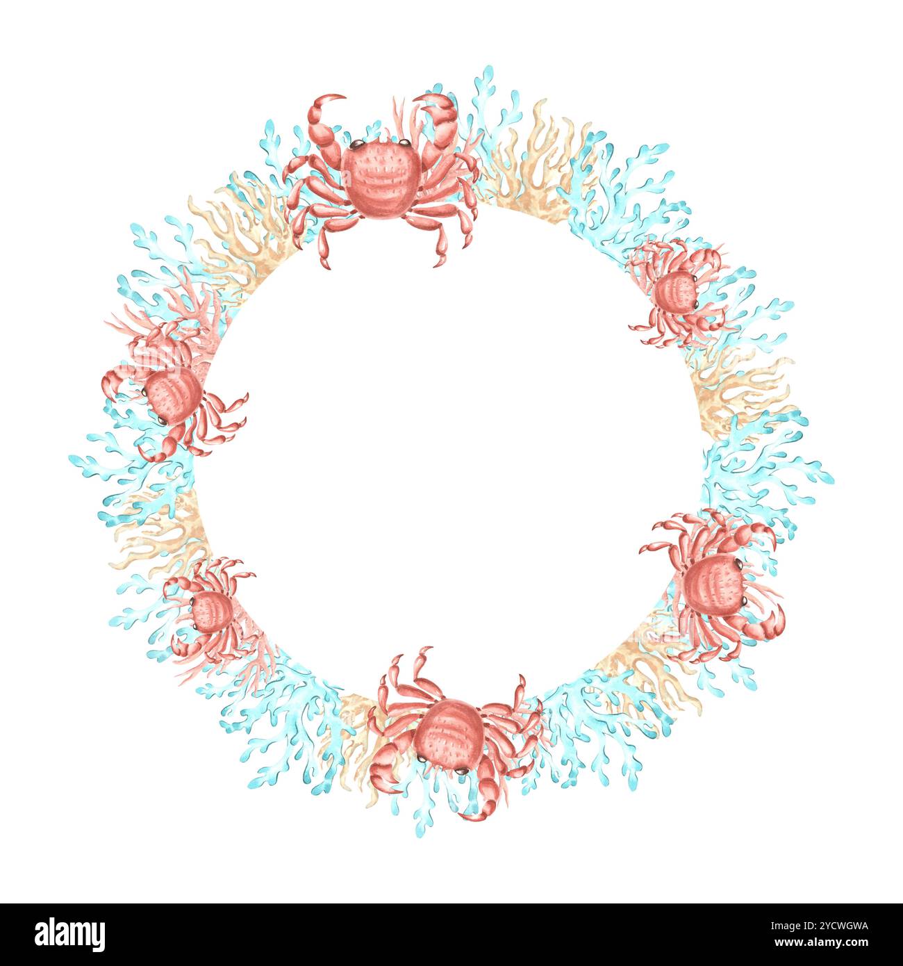 Crabs and corals round frame. Hand drawn watercolor illustration ...