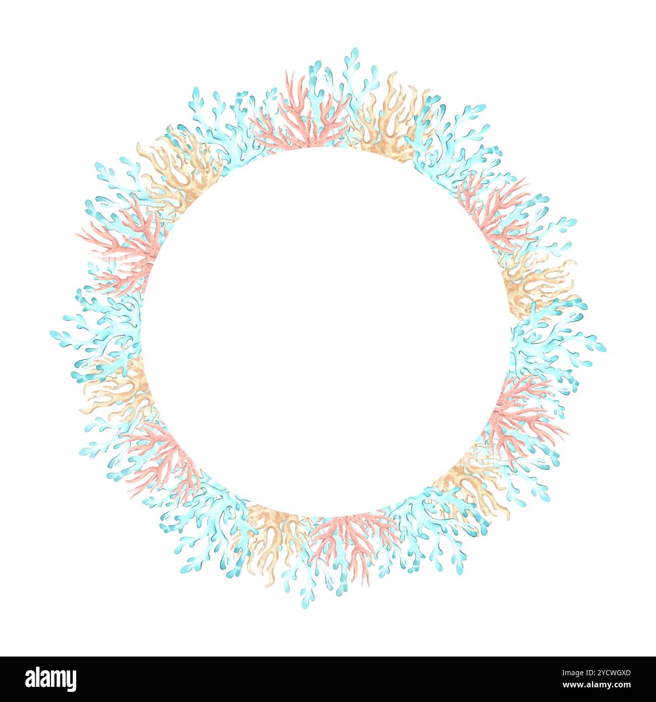 Colorful corals round frame. Hand drawn watercolor illustration ...