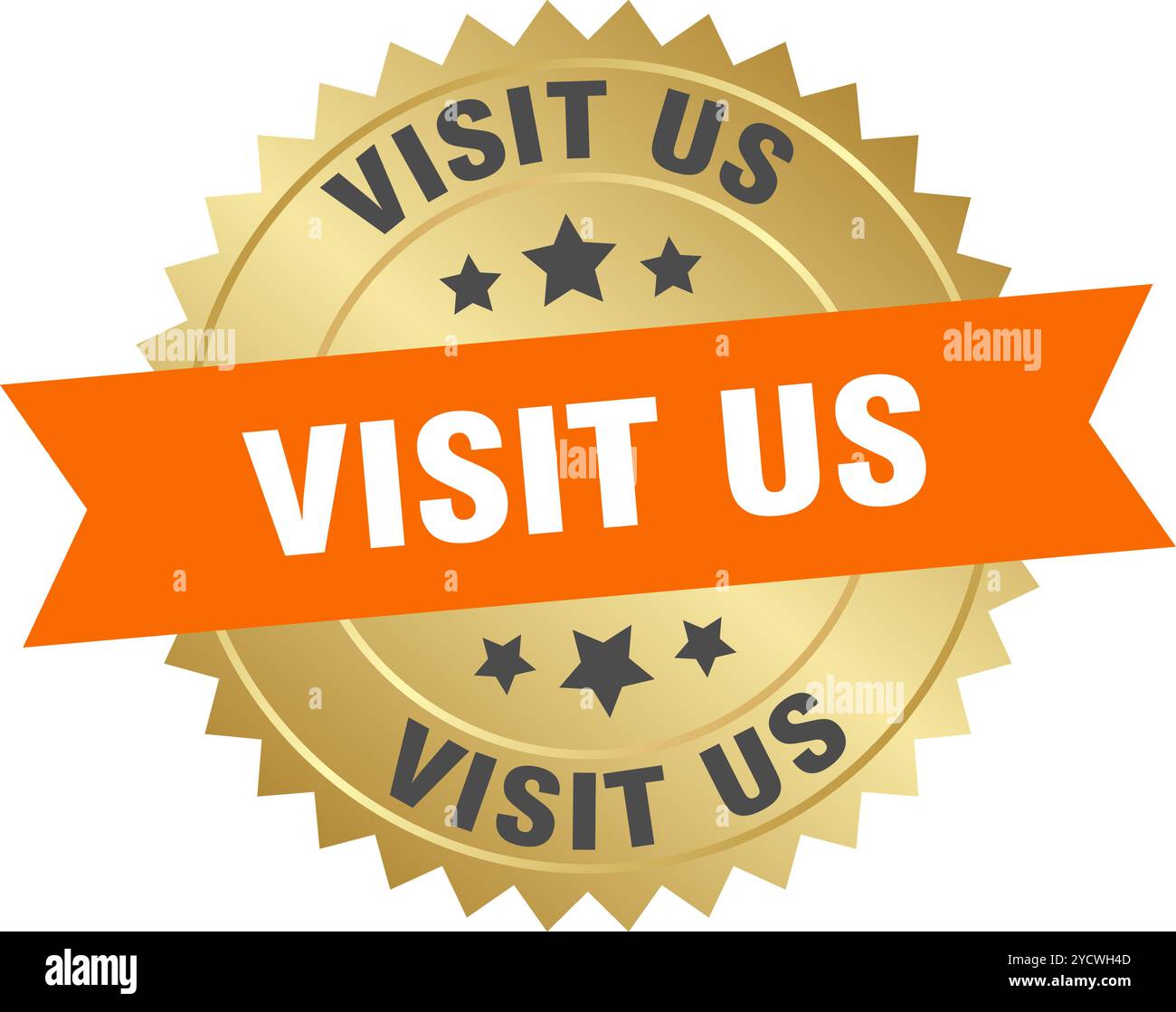 visit us round orange and gold label isolated on transparent background ...