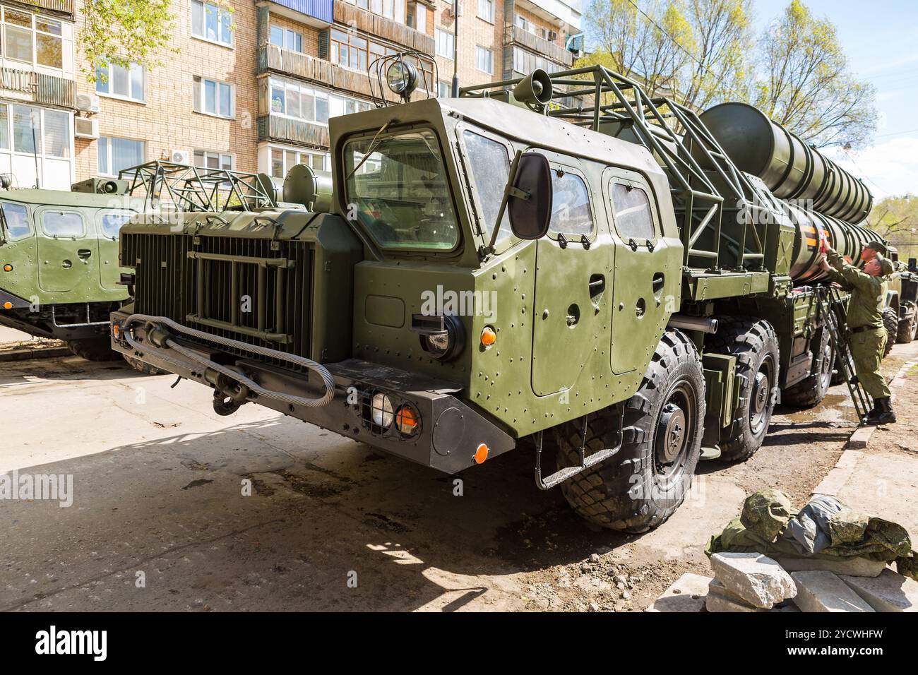 Russian anti-aircraft missile system (SAM) S-300 parked up on the city ...