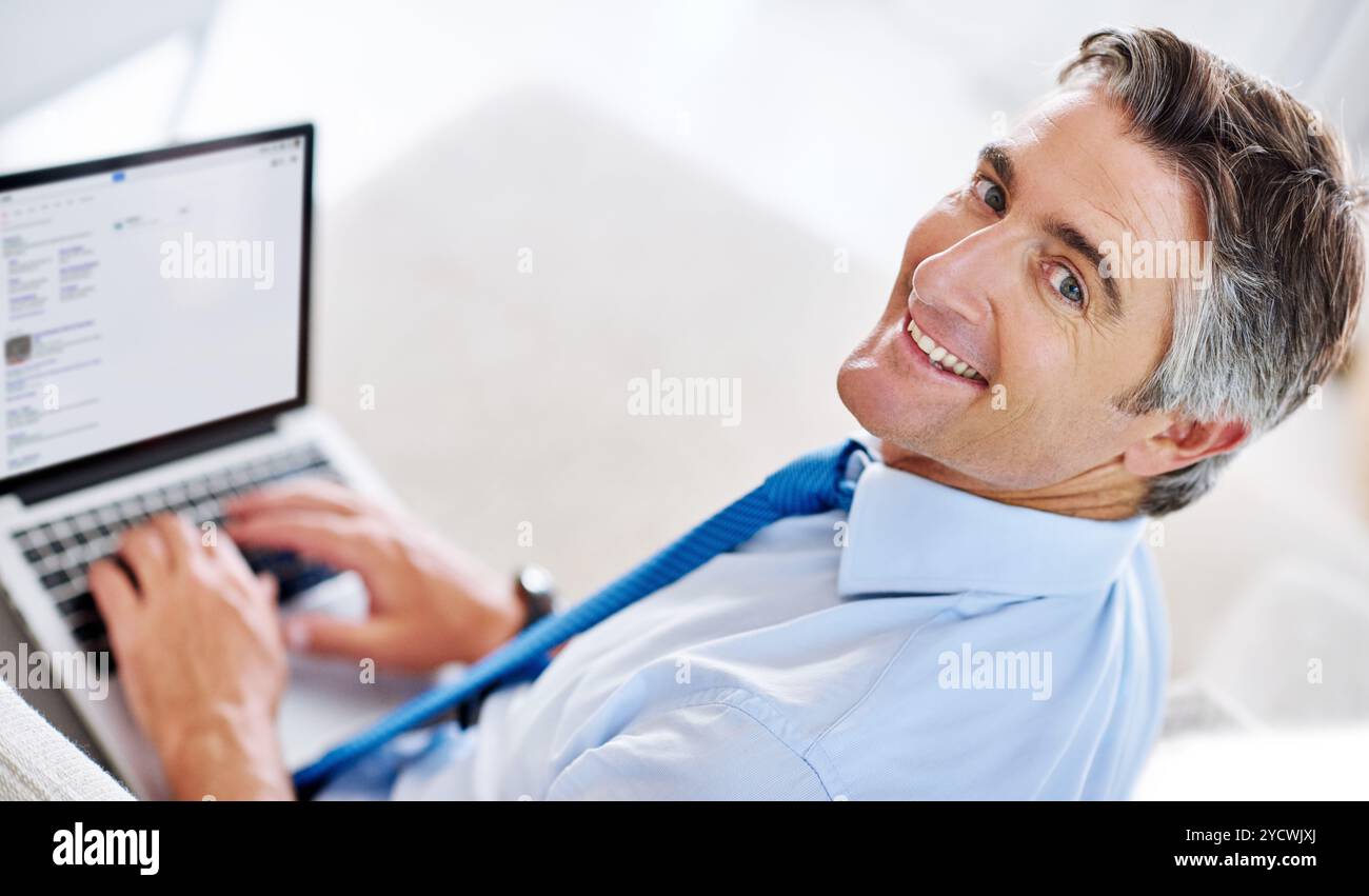 Man, portrait and laptop in office for human resources, online and ...