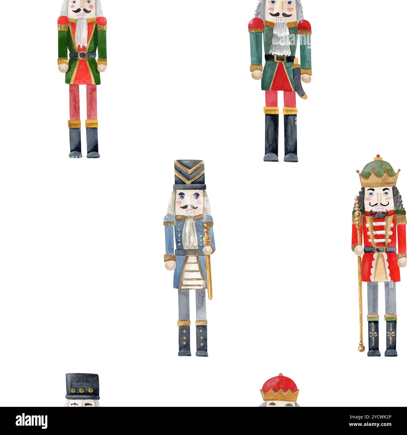 Watercolor seamless pattern of four different nutcrackers, with a sword ...