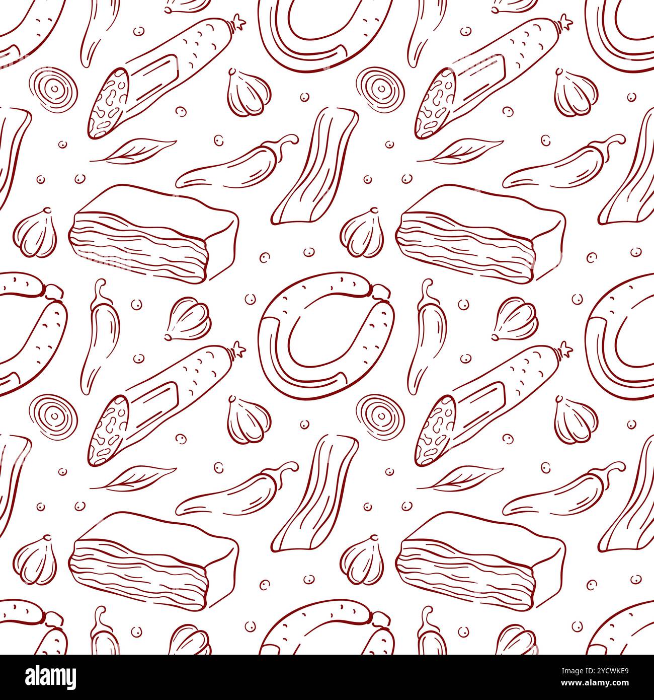 Seamless pattern of meat product, including sausage, bacon and salami ...