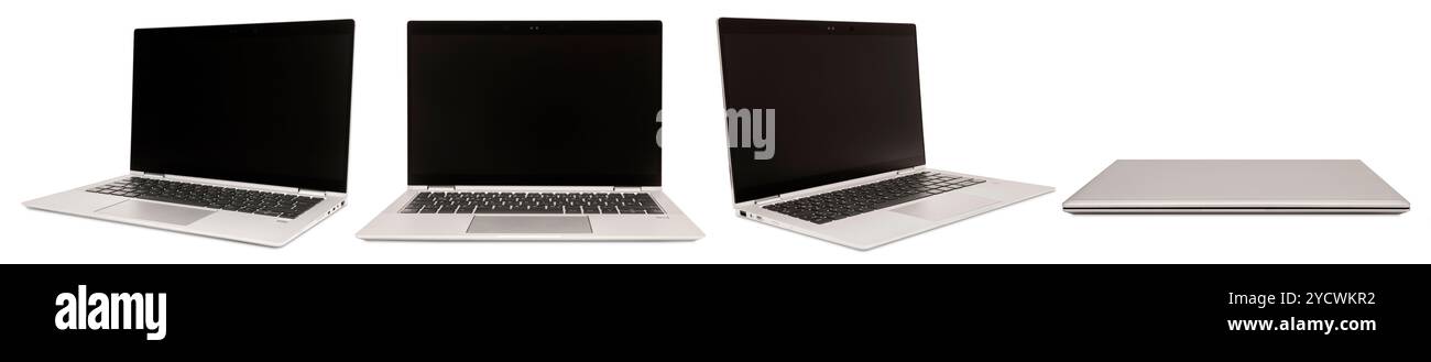 Set of modern light gray laptops with sleek design isolated on white ...