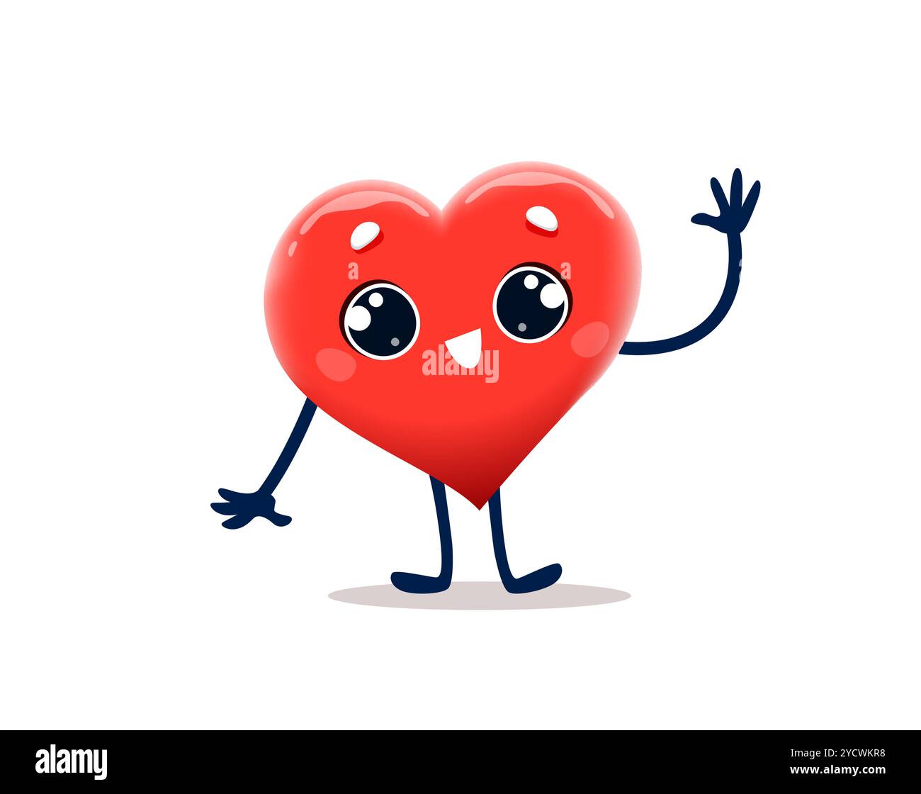 Cartoon cute red heart character greets and waves with hands, vector ...