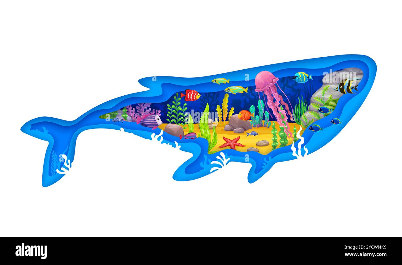 Paper cut sea whale silhouette with underwater landscape of ocean coral ...