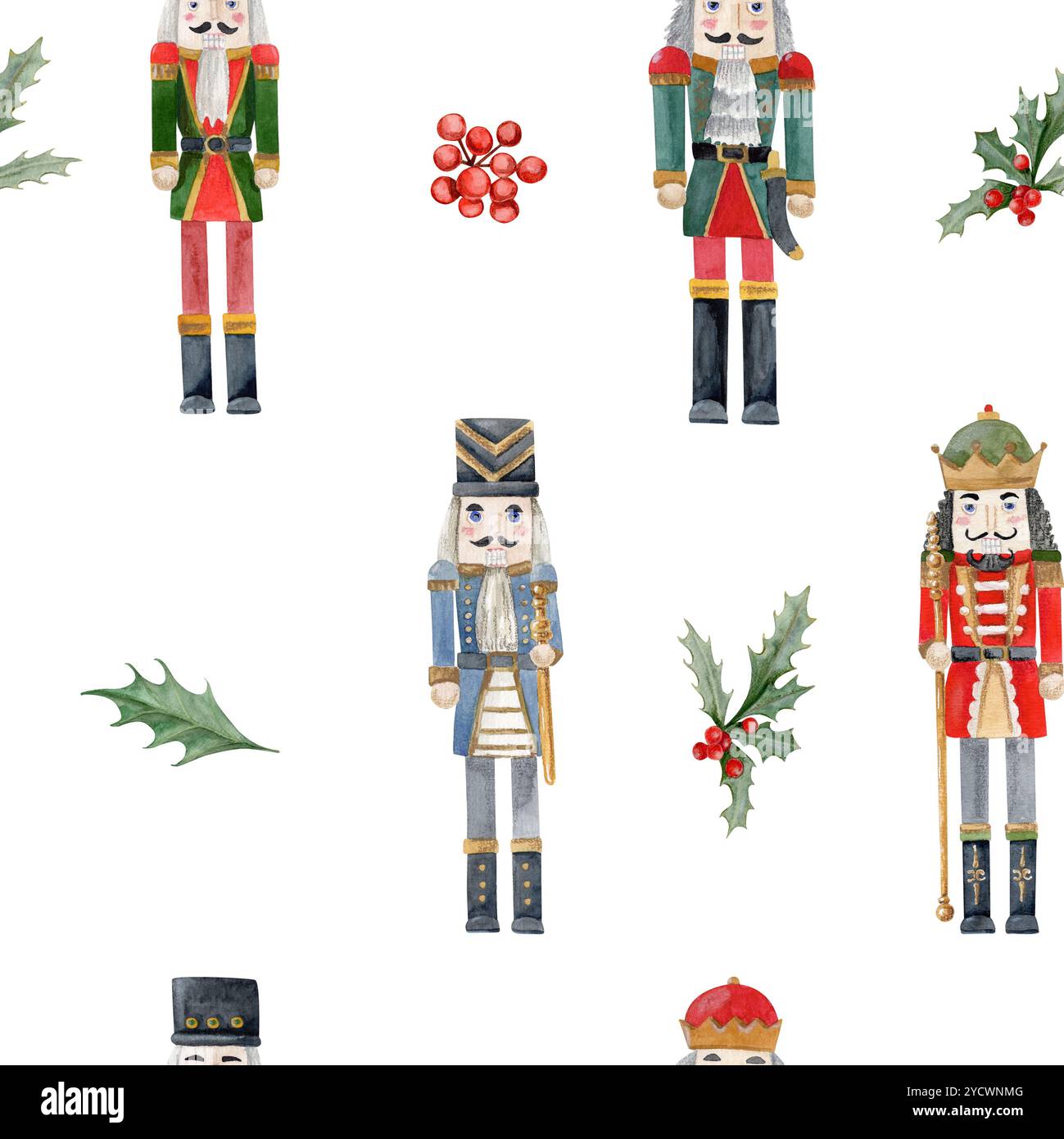 Watercolor seamless pattern of four different nutcrackers, with a sword ...