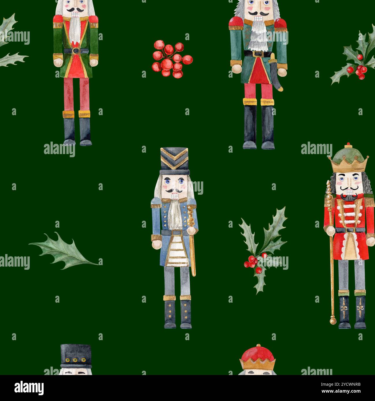 Watercolor seamless pattern of four different nutcrackers, with a sword ...