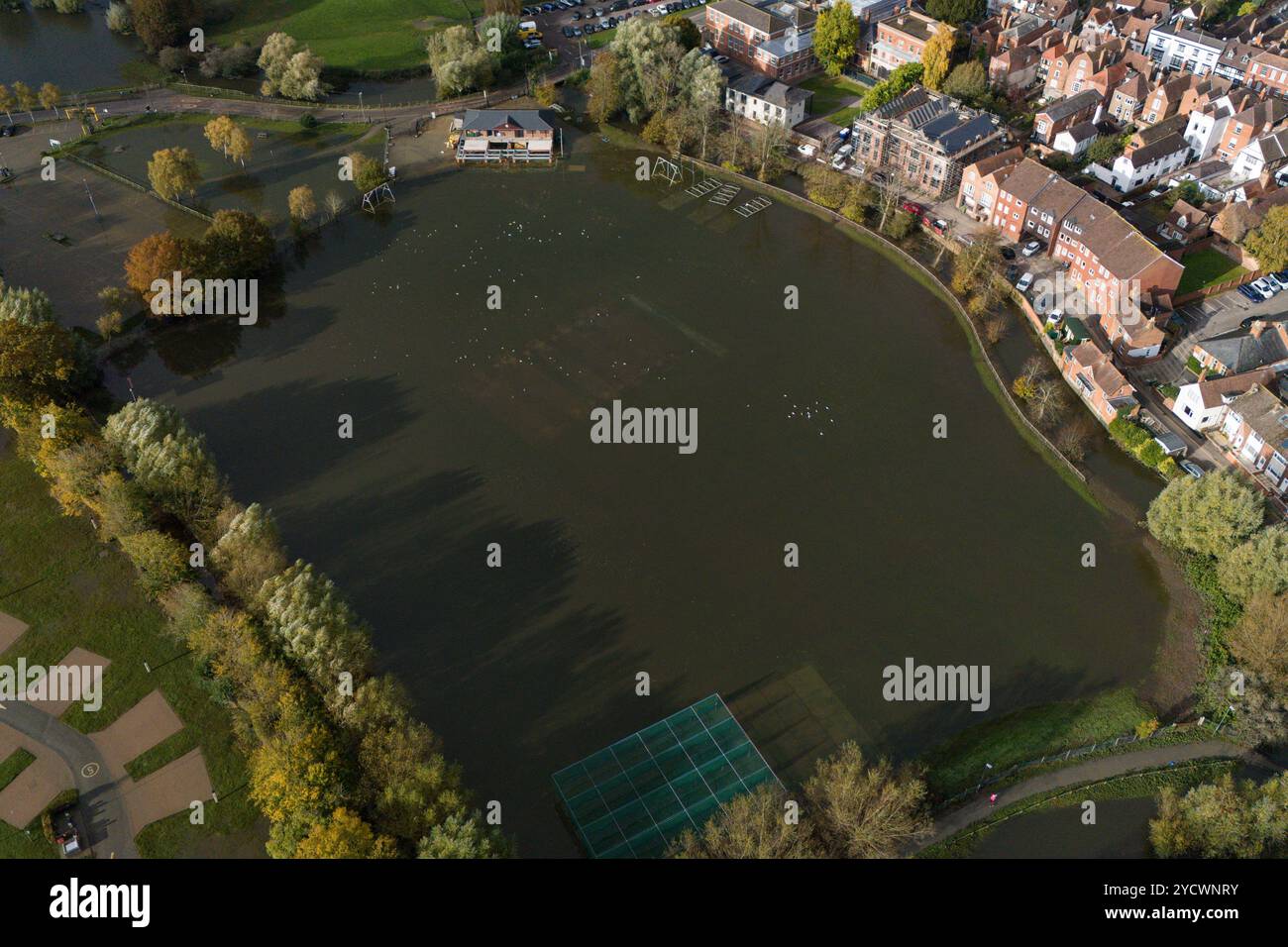 An aerial view showing a flooded Tewkesbury Cricket Club in ...