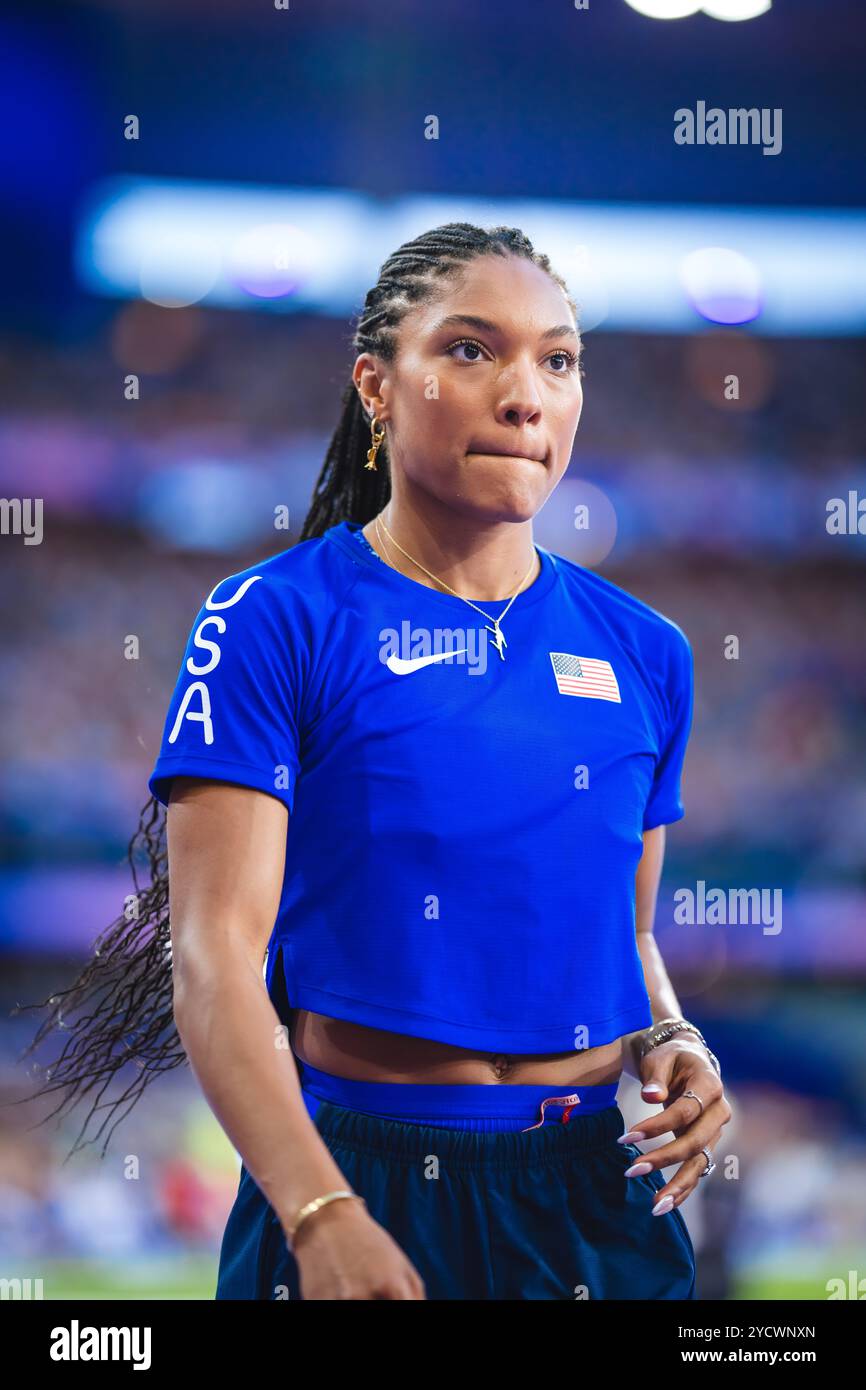 Tara Davis-Woodhall participating in the long jump at the Paris 2024 ...