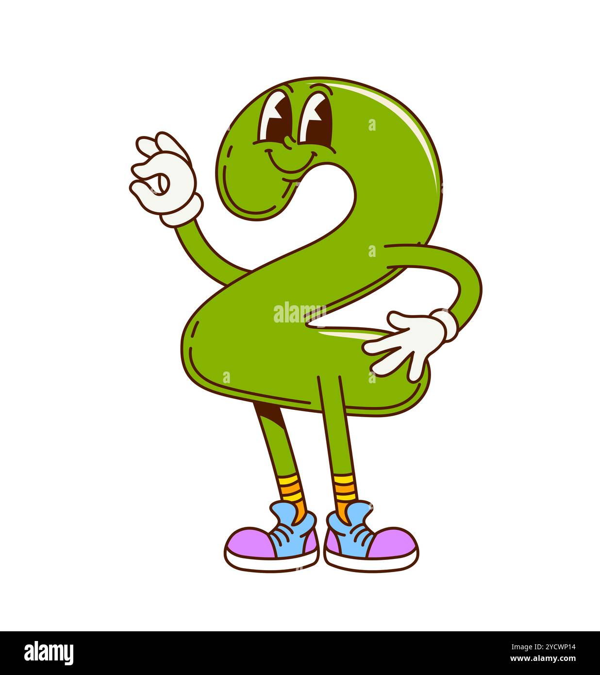 Groovy math number two character in retro cartoon with funny face ...