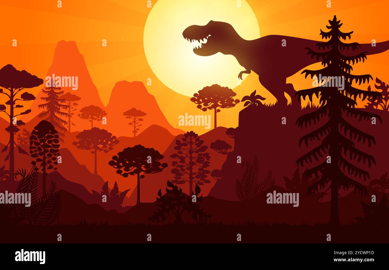 Prehistoric t rex tyrannosaurus dinosaur silhouette roar at sunset ...