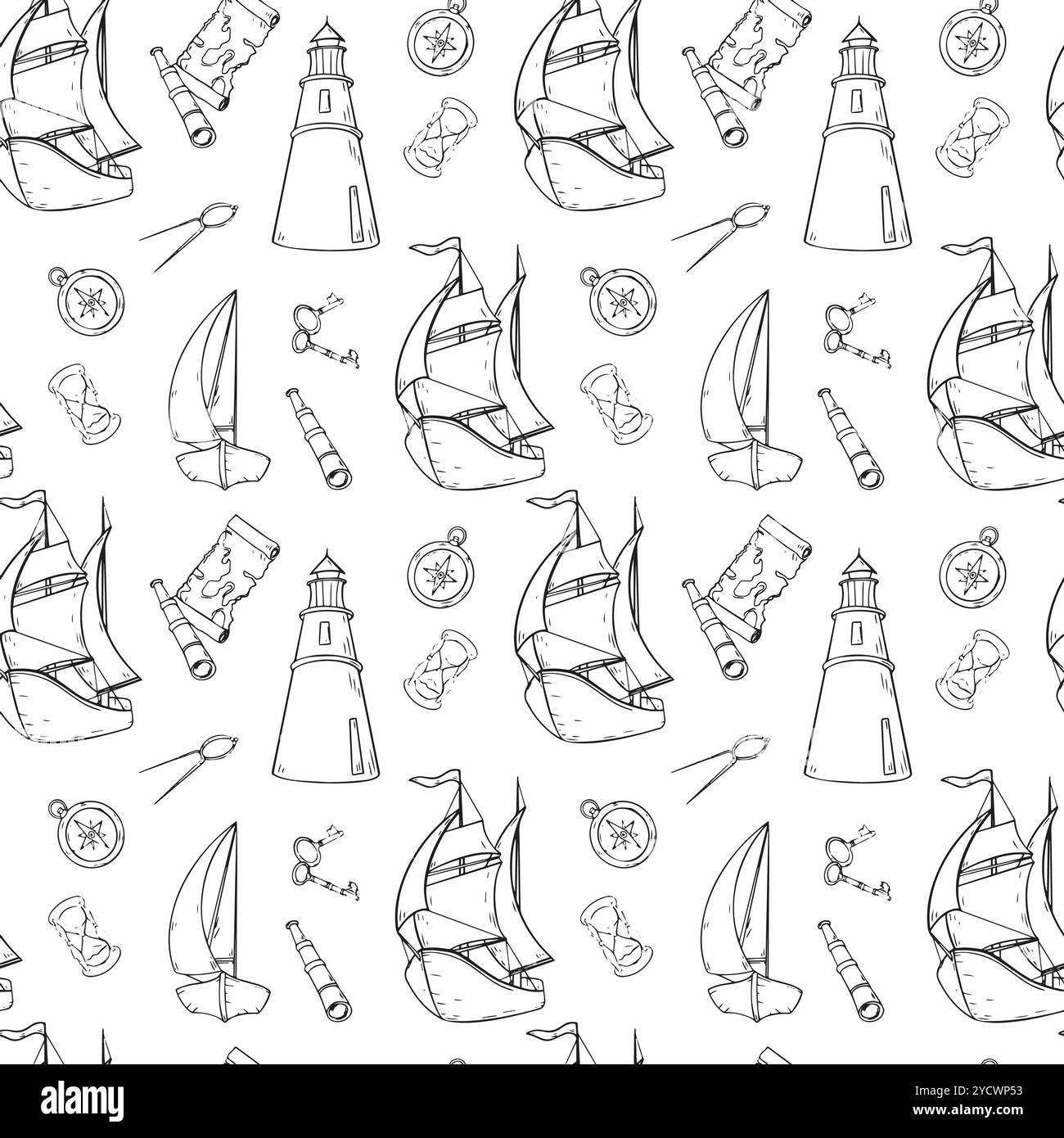 Sailing ship, compass spyglass and map vector seamless pattern ...