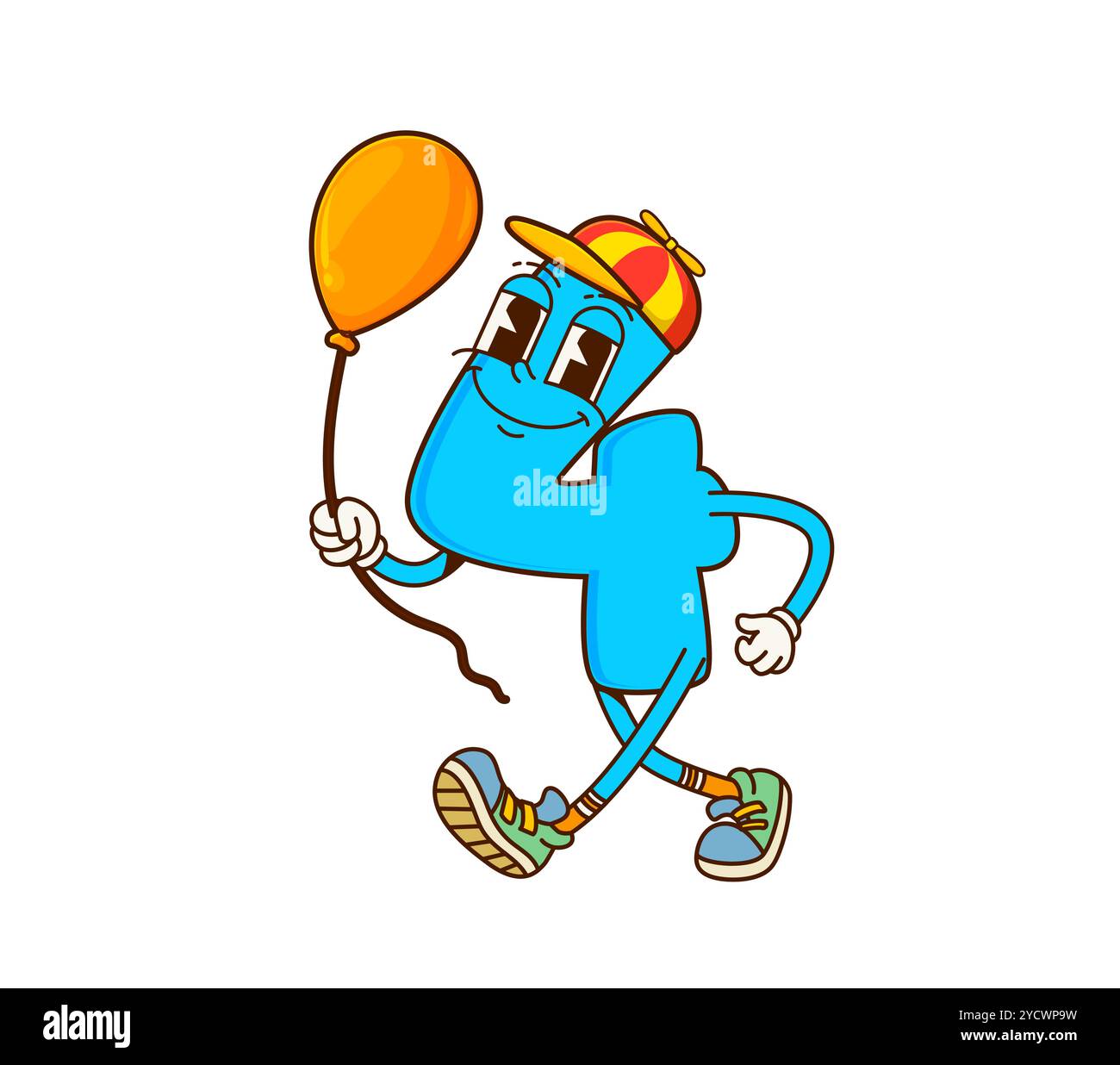 Cartoon math number four groovy character wears cap with propeller and ...